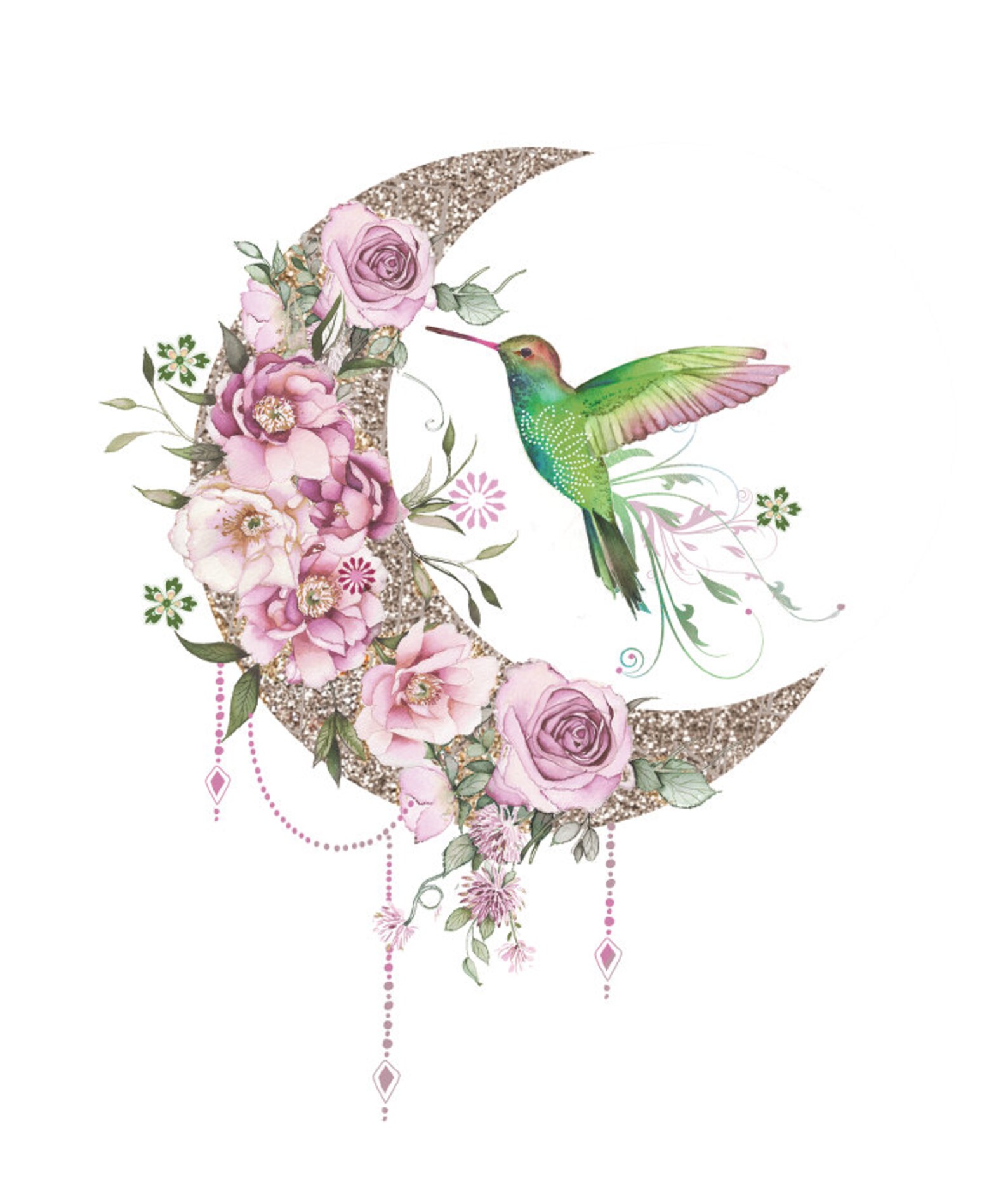 Crescent Moon & Humming Bird Glittered Print - Etsy