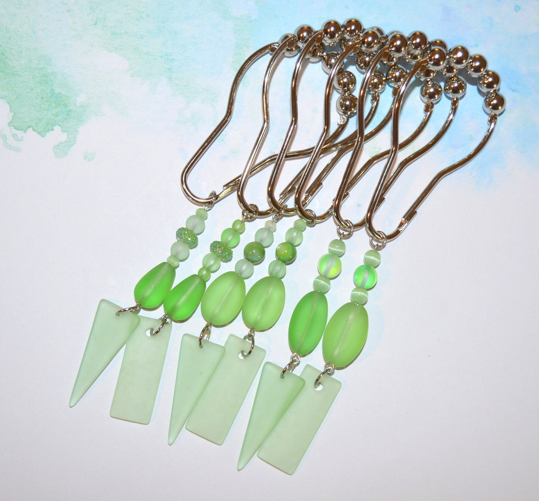 Green Sea Glass Shower Curtain Hooks, Set of 12 - Shell, Cat's Eye ...