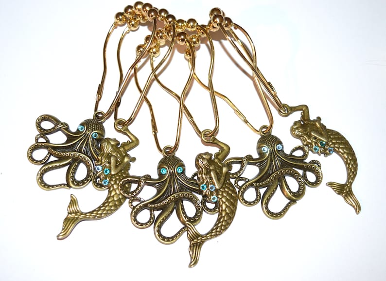 Octopus & Mermaid Shower Curtain Hooks, Set of 12 - Antique Bronze With ...