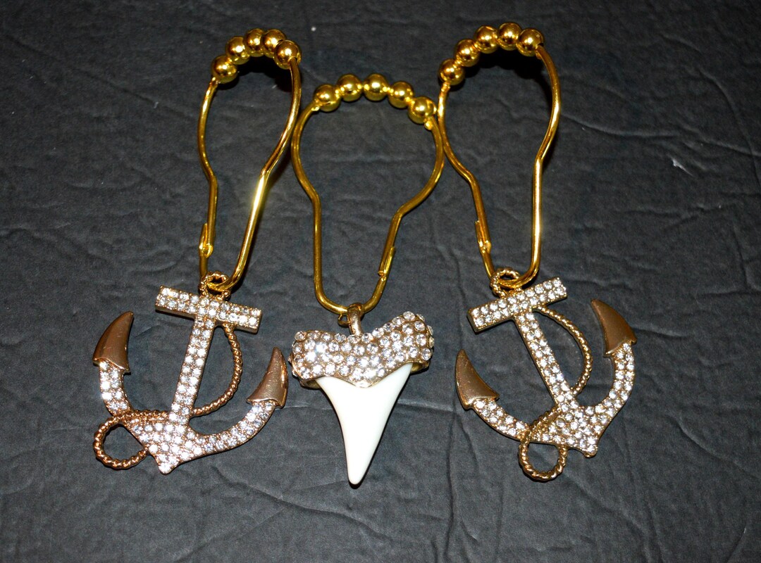 Anchor & Shark Tooth Shower Curtain Hooks, Set of 12 - Chunky Gold With ...