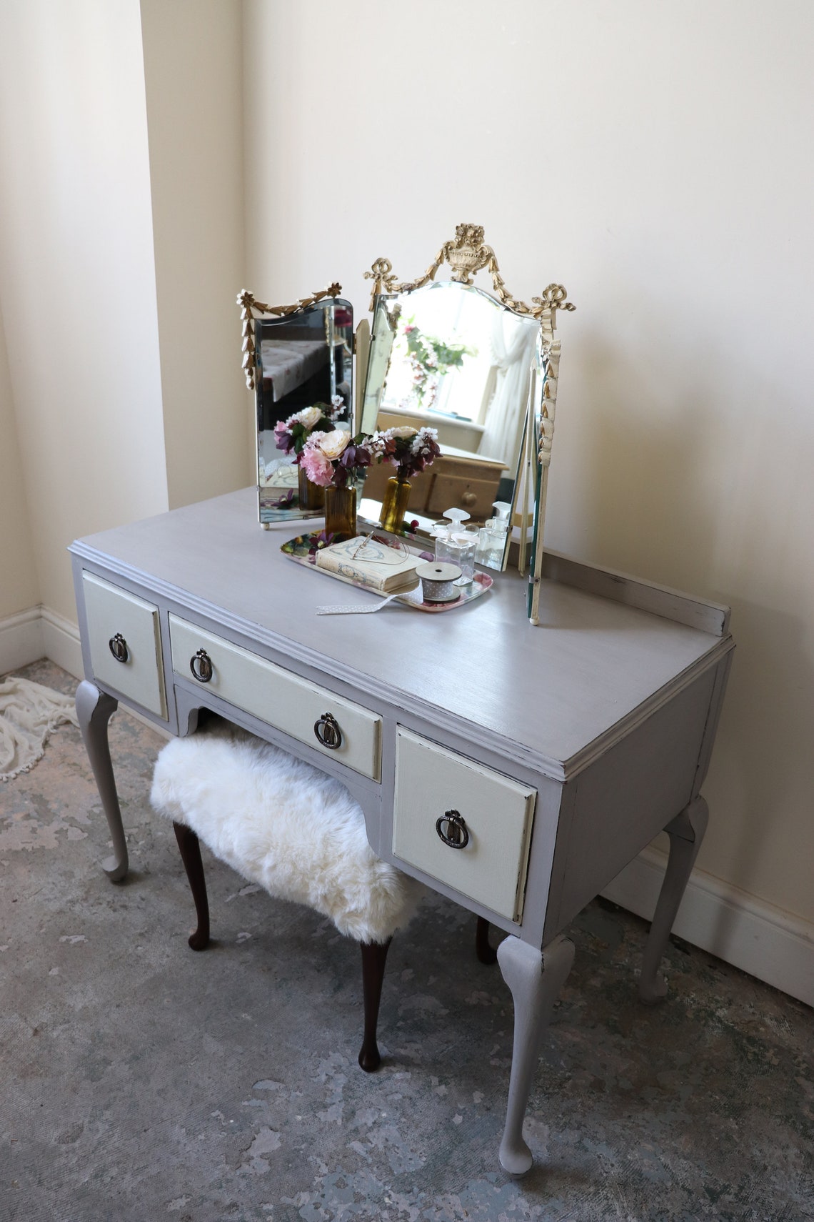 Restored Vintage 1940s Dressing Table or Desk in Pastille Grey and ...