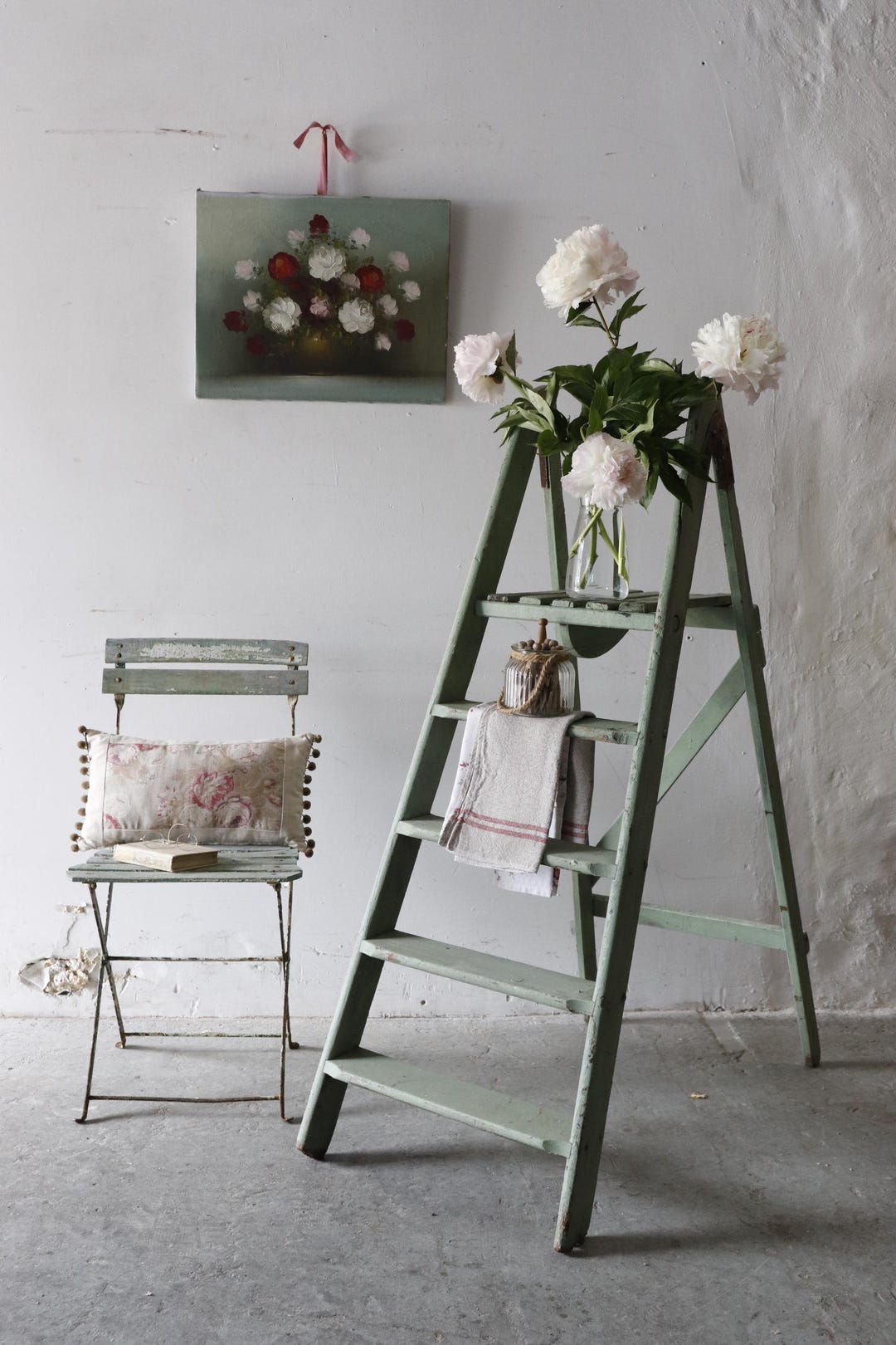 Vintage Set of Folding Step Ladders With Distressed Green Paintwork - Etsy