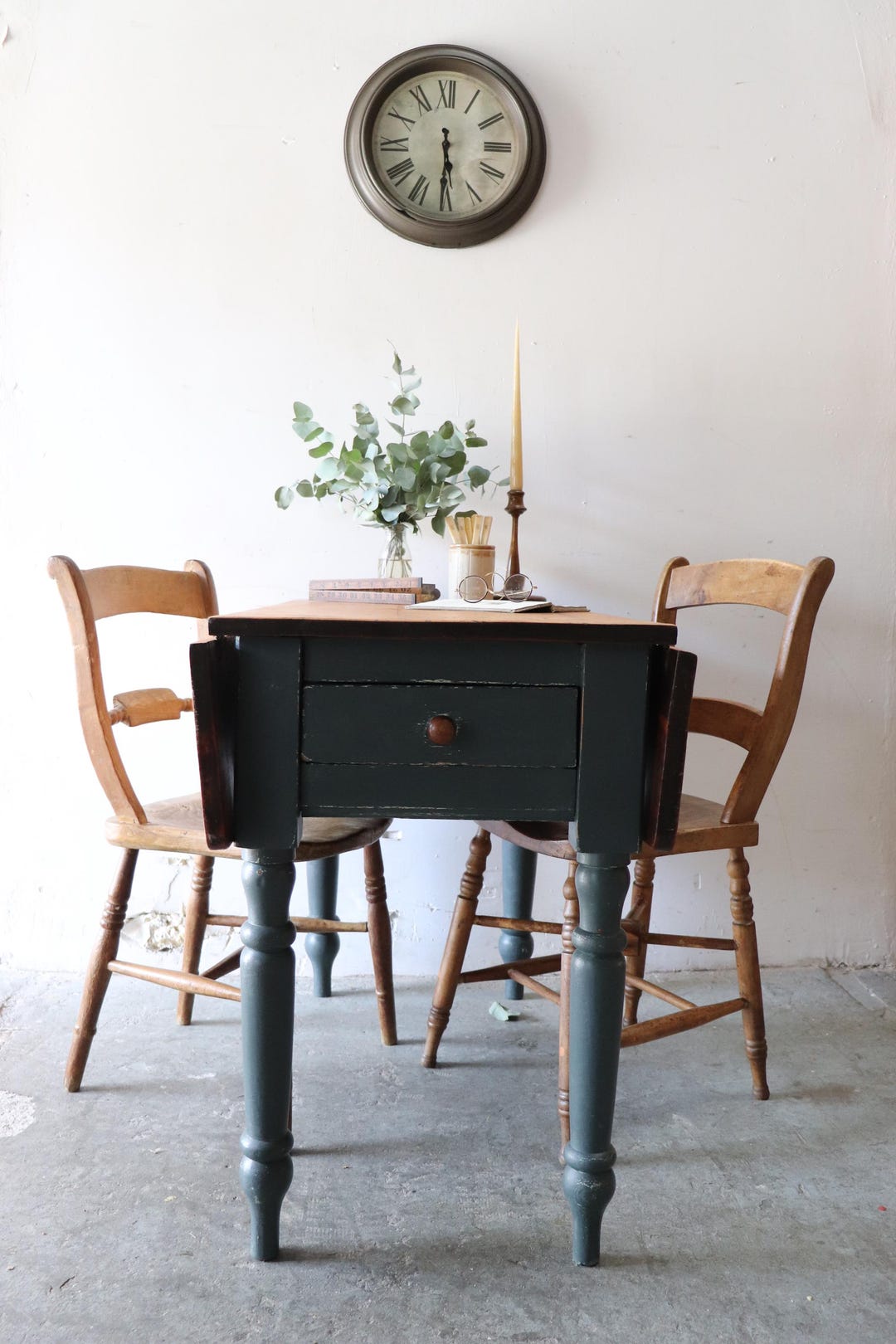 Lovely Vintage Pine Drop Leaf Table With Cutlery Drawer Painted in Dark Teal Blue - Etsy UK