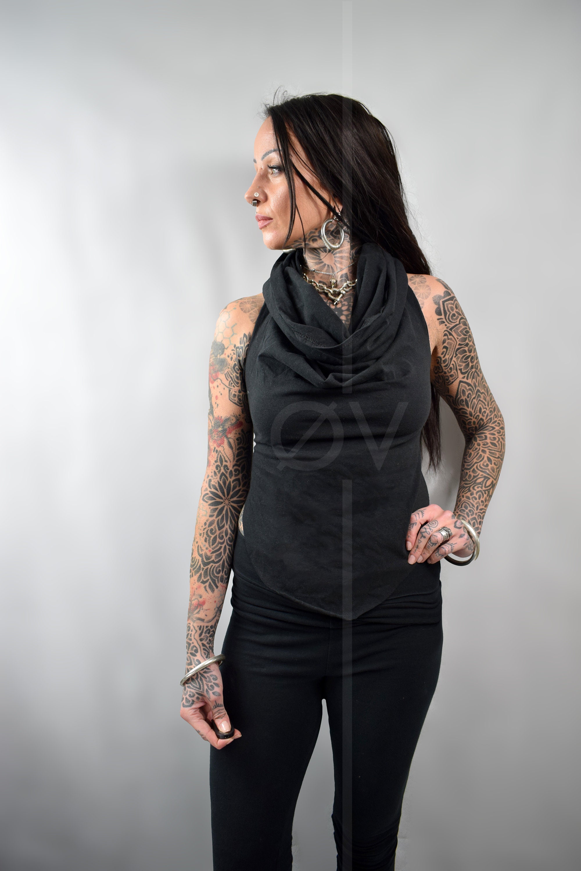 Hooded Backless Cowl Top // Hemp Jersey // Metal Details // Black ...