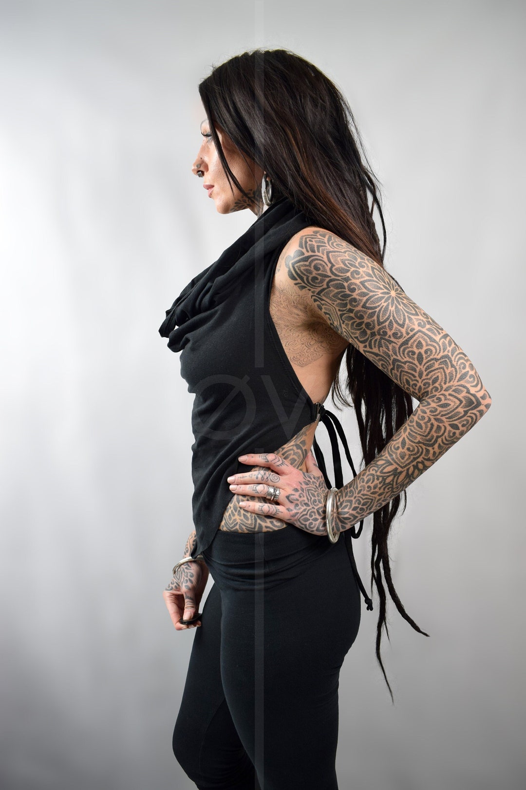 Hooded Backless Cowl Top // Hemp Jersey // Metal Details // Black ...