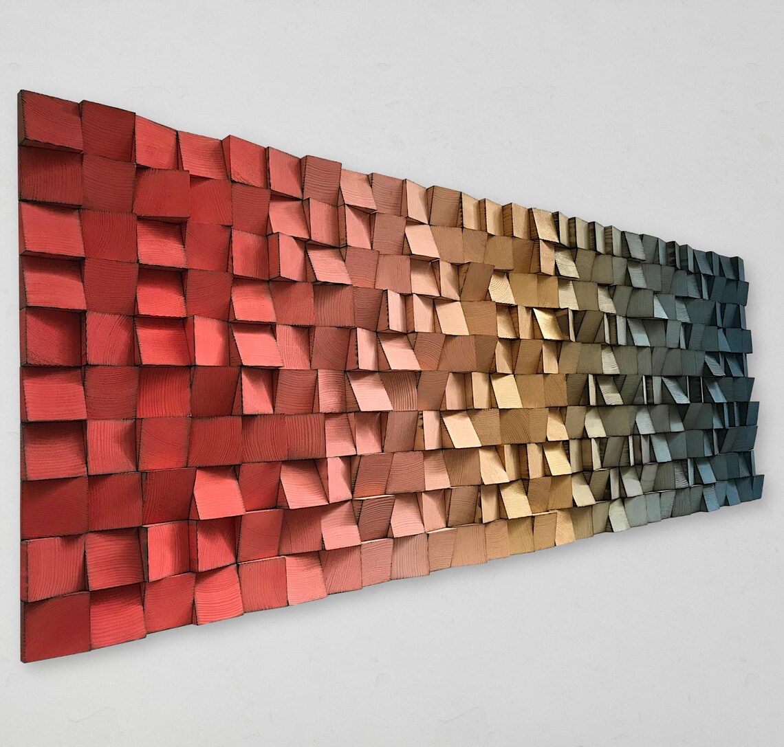 Wood Wall Art - Handmade Sound Diffuser - Red Gold Blue Wall Decor - Etsy