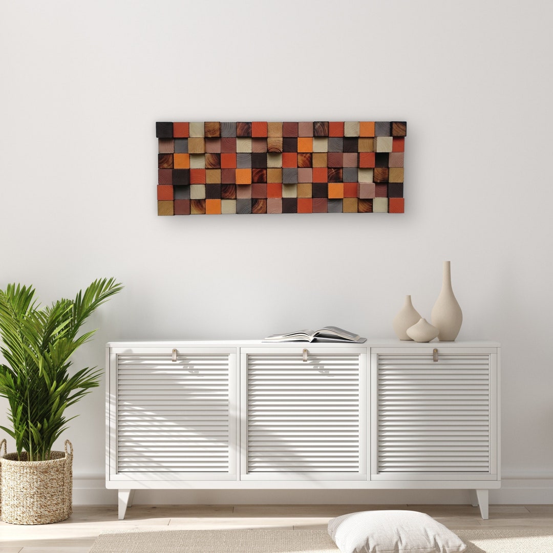 Reclaimed Pine Wood Mosaic Wall Art - Rustic Orange Brown Decor - Etsy