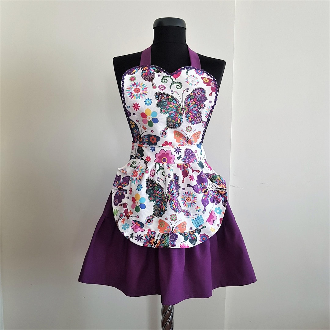 Colorful Butterfly Frilly Kitchen Apron for Women, Cute Cooking ...