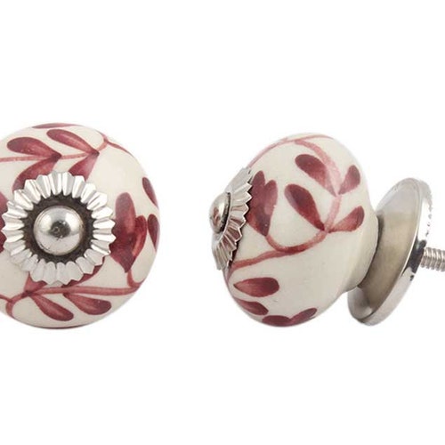 Round White Cabinet Knob With Hand Painted Dark Red Leaves - Etsy