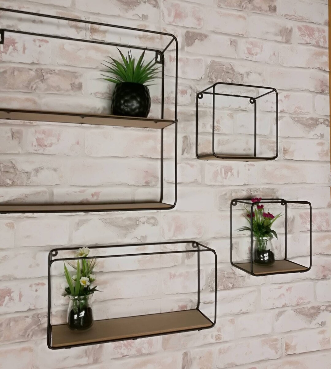 Set of 4 Industrial Metal & Wood Box Shelves Floating Wall Mounted ...