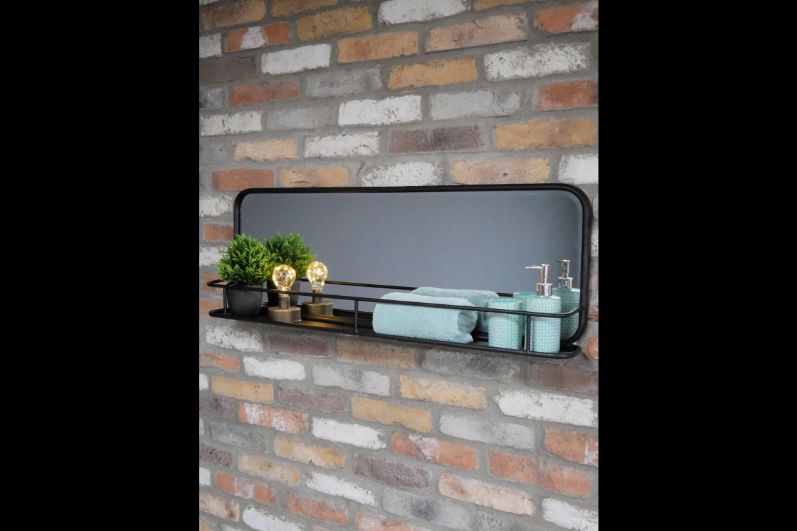 Industrial Black Mirror With Shelf Wall Mounted Metal | Etsy