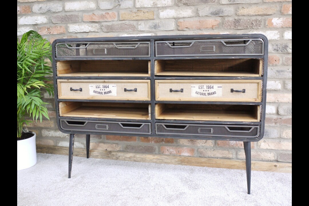 Metal and Wood Utility Drawer Cabinet Four Metal Mesh Drawers Two ...