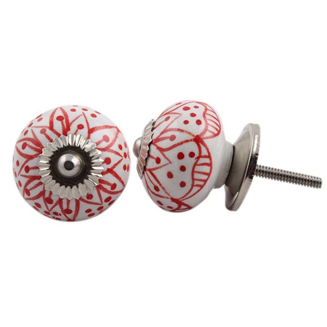 Round White Cabinet Knob With Hand Painted Red Decoration - Etsy