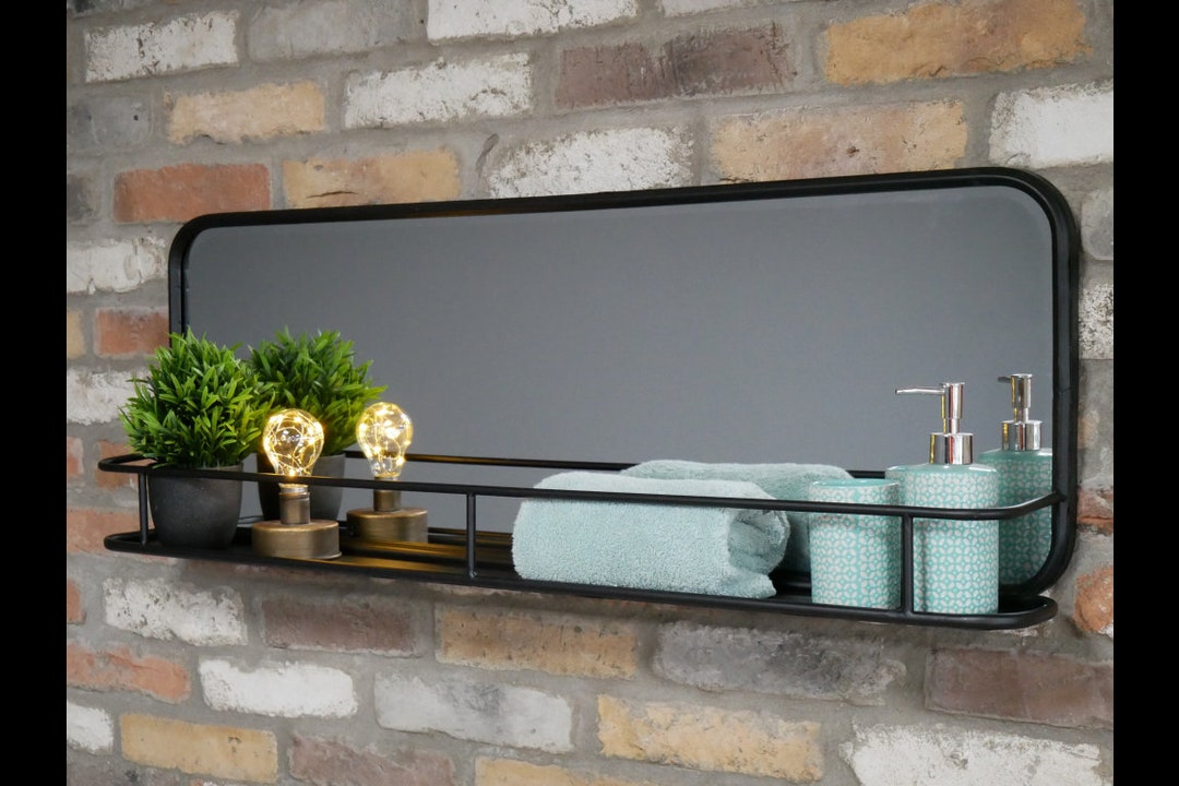 Industrial Black Mirror With Shelf Wall Mounted Metal Landscape Mirror ...
