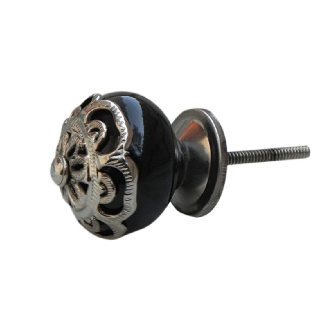 Round Black Cupboard Door Knob With Silver Metal Decoration | Etsy