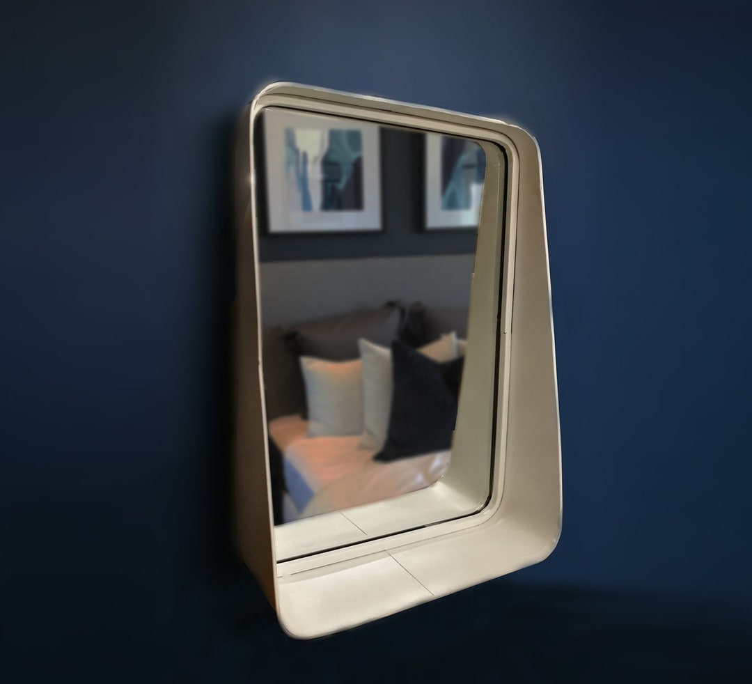 White Metal Portrait Mirror With Integrated Floating Shelf White Satin ...