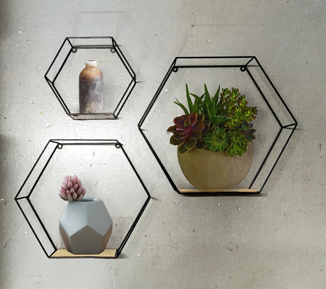 Set of 3 Geometric Industrial Shelves Hexagonal Metal and Wood Shelving ...