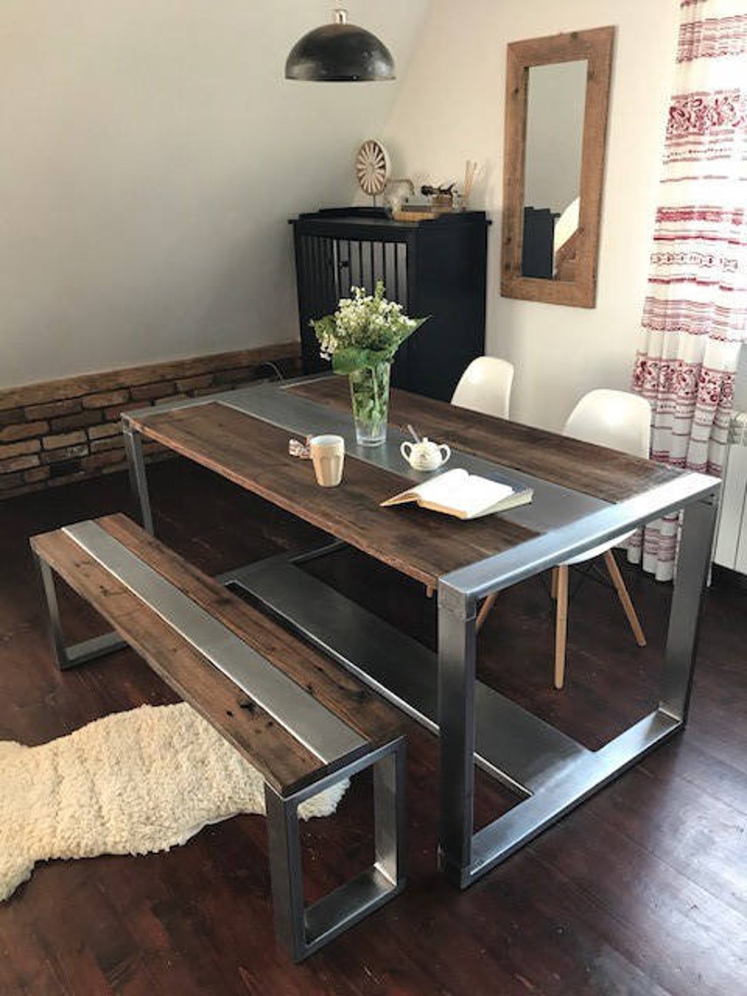 Industrial Steel & Reclaimed Wood Dining Table and Bench Set Rustic ...