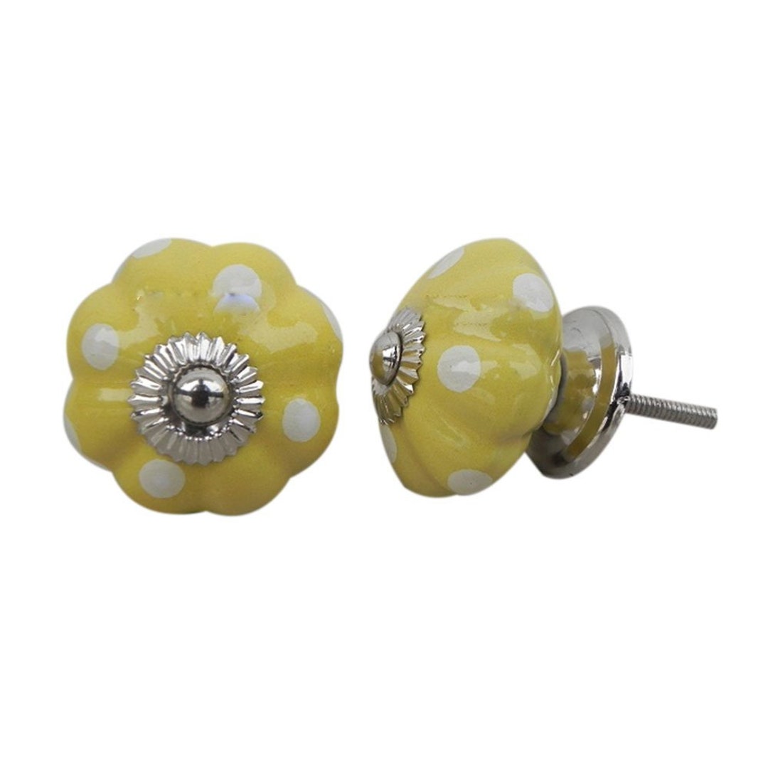 8 Sided Yellow Cupboard Door Knob With White Spots / Polka Dots Drawer ...
