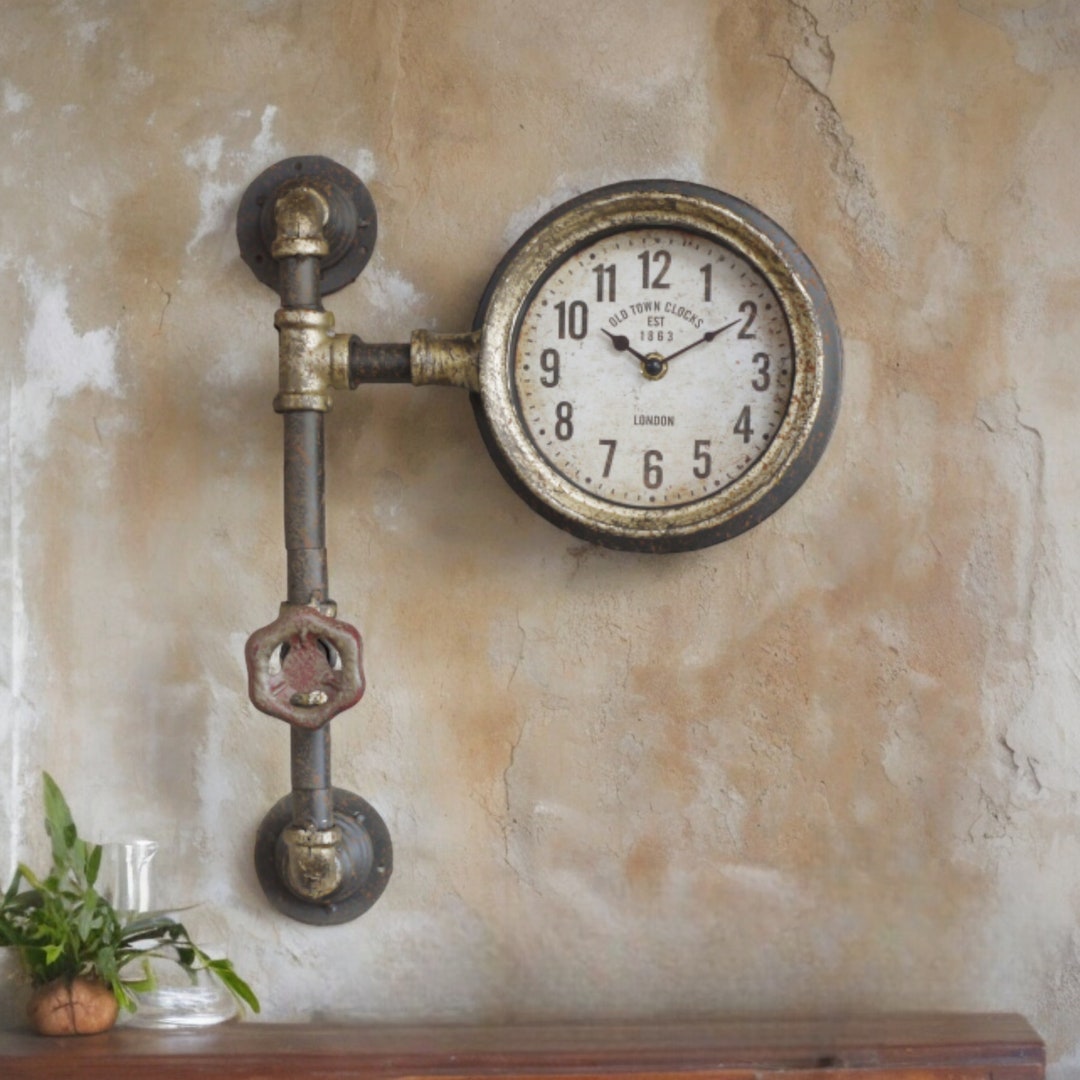 Distressed Steel Pipe Wall Clock Industrial Rusted Metal Wall Mounted ...
