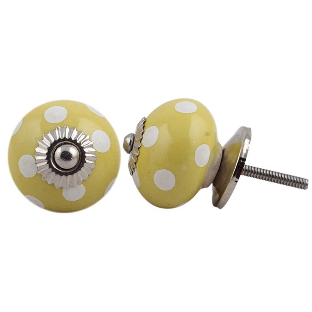 Round Yellow Cabinet Knob With White Spots Polka Dots Drawer Pull ...