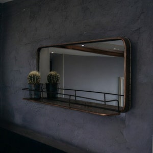 Distressed Copper Finish Mirror With Shelf Industrial Metal Wall Mirror ...