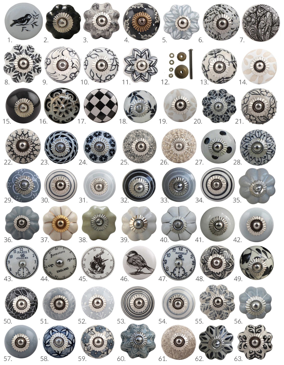 8 Sided White Cupboard Door Knob With Hand Painted Grey Leaf | Etsy