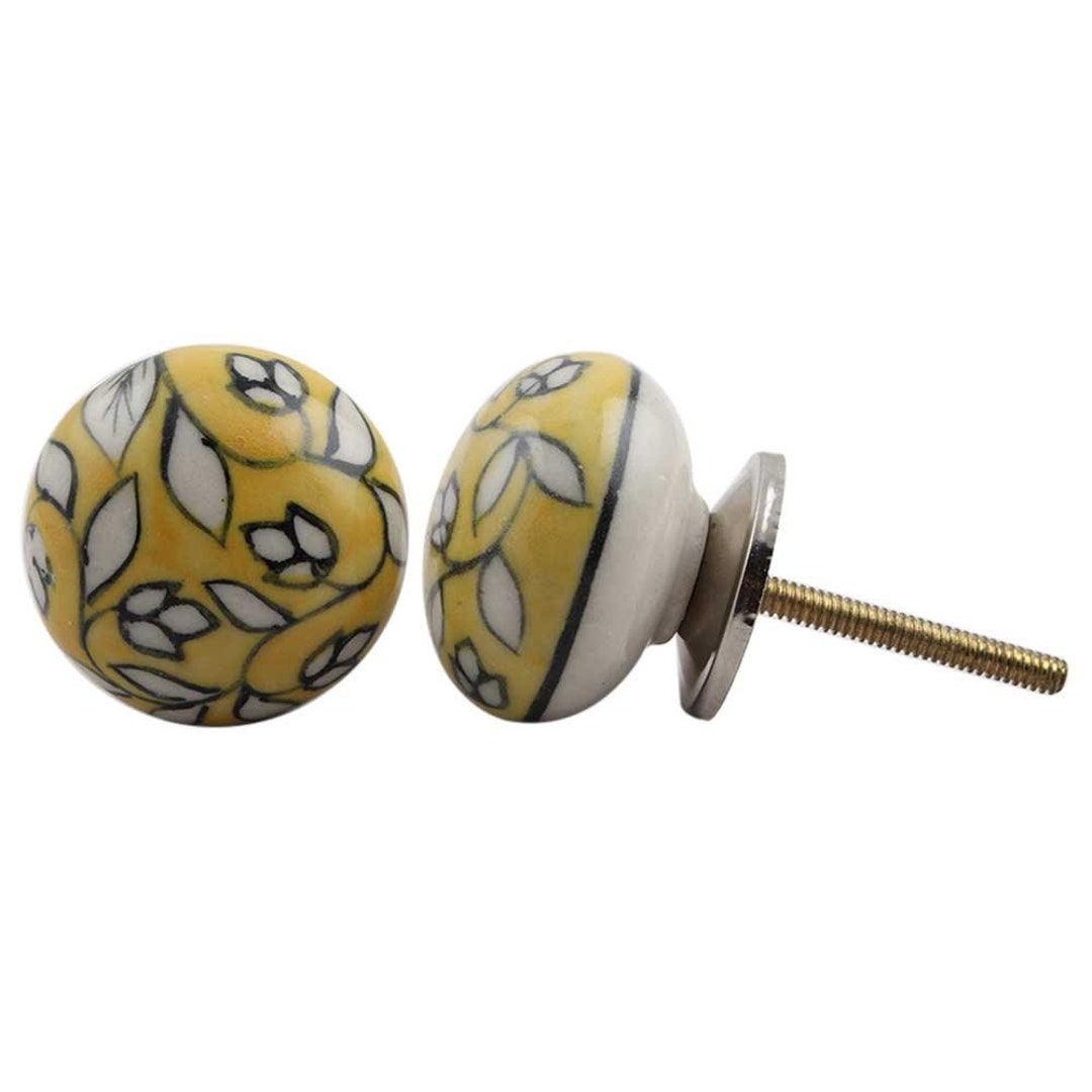 Round Yellow Cabinet Knob With Hand Painted Black and White Flowers ...