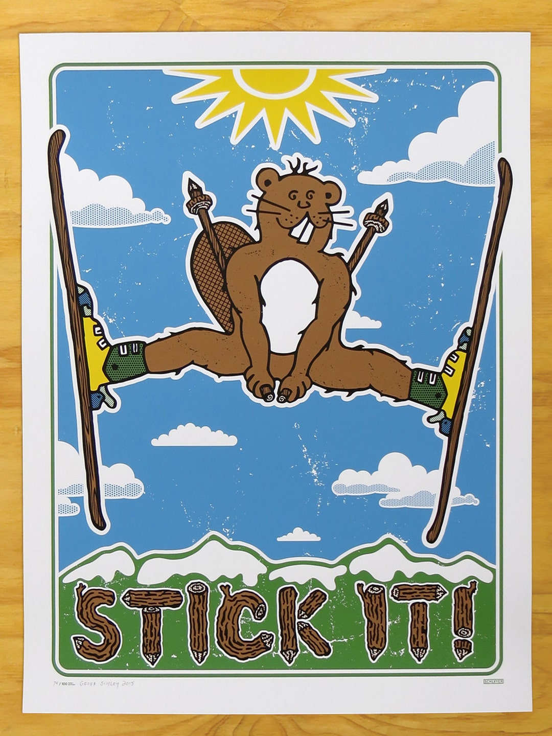 Stick It A Beaver Getting Rad on Skis. 5 Colors, 18x24, White Paper ...