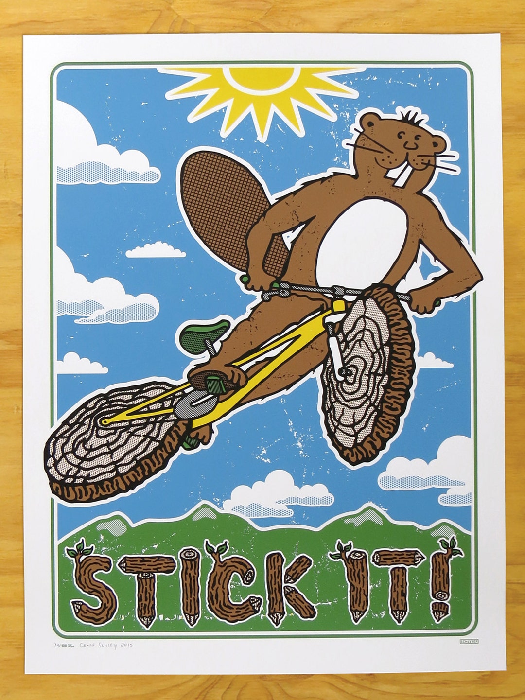 Stick It A Beaver Getting Rad on a Mtn Bike. 5 Colors, 18x24, White ...