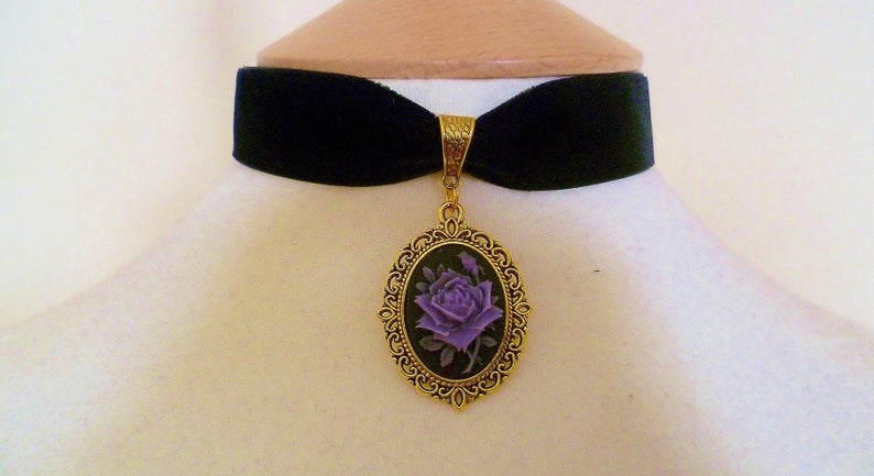 Black Velvet Choker Purple Rose Cameo Pendant Gothic Choker Etsy