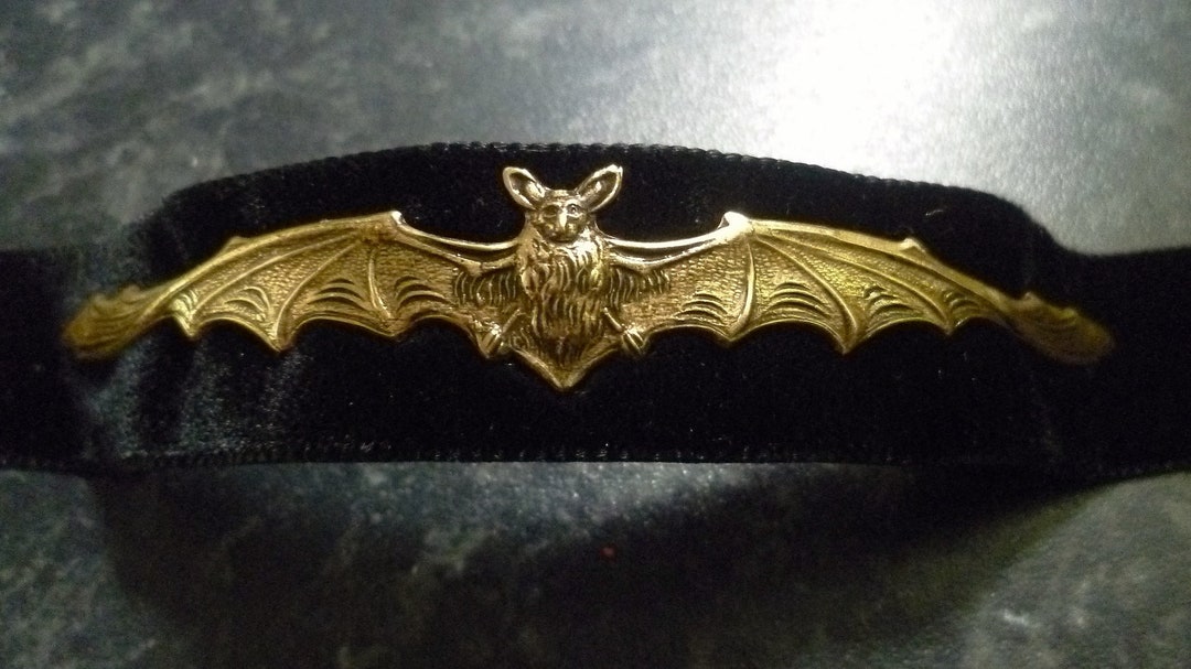 Black Velvet Antique Gold Bat Choker, Gothic Necklace Goth Halloween ...
