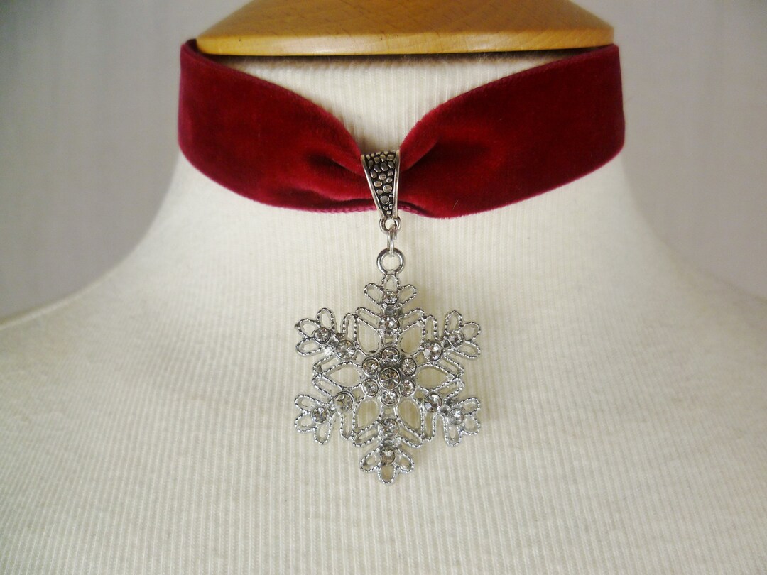 Rhinestone Snowflake Choker, Red, Black, Green or White Velvet Necklace ...