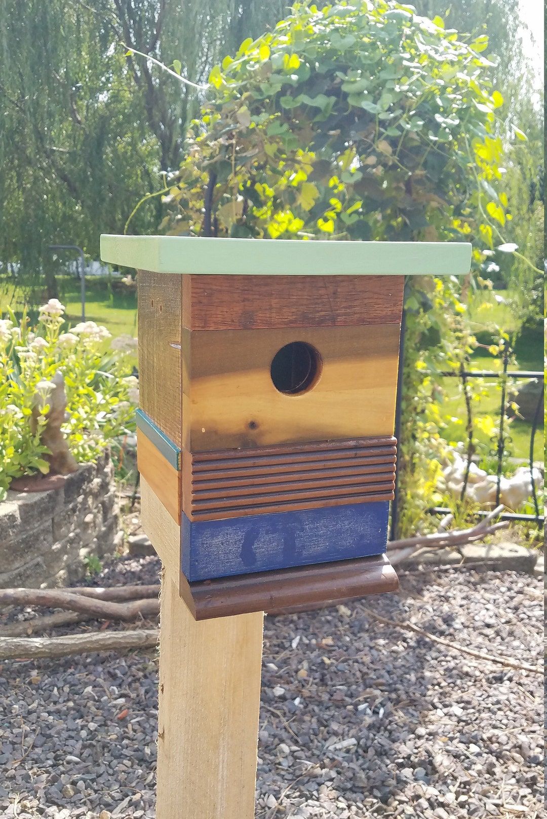 Wooden Birdhouse, Reclaimed Wood, Outdoor, Rustic, Garden Feature, Blue ...