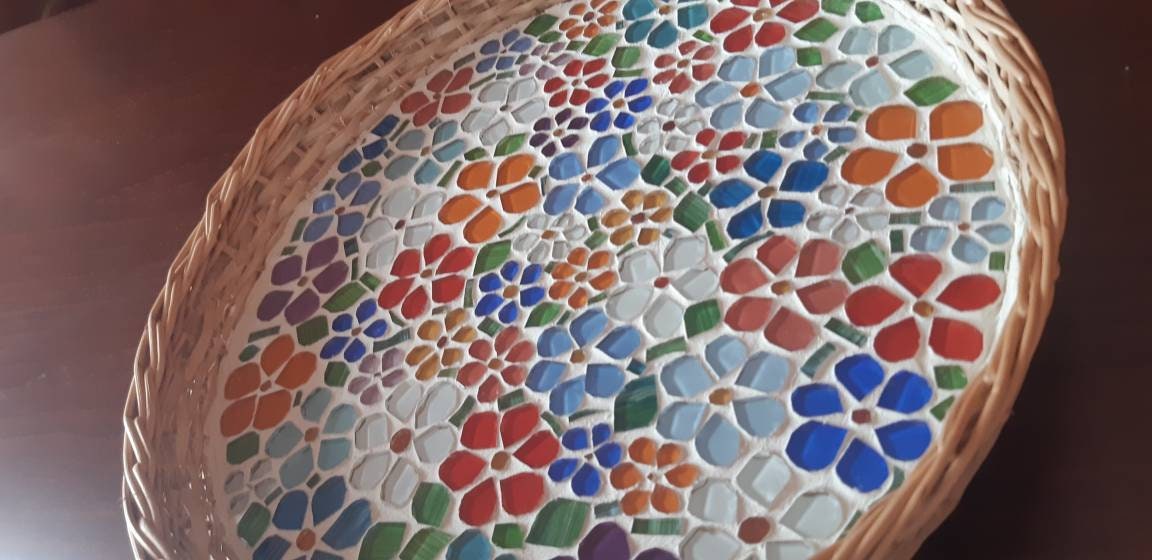 Round Serving Tray/mosaic, Flower/glass Mosaic Tray/table Decor/home ...