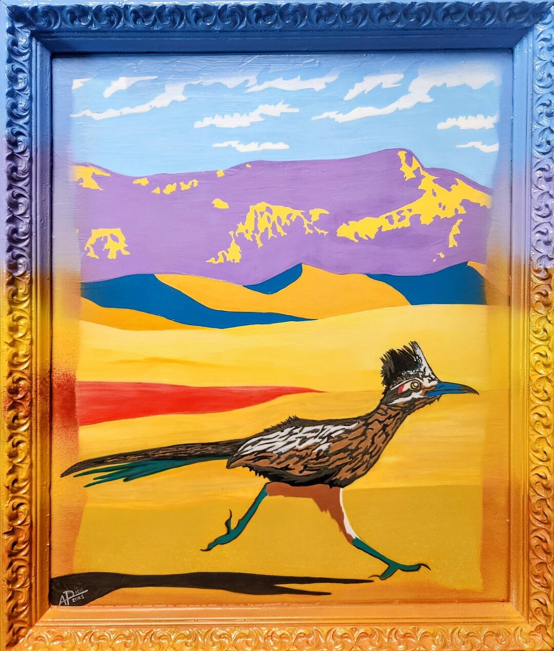 ORIGINAL Art Deco Road Runner Painting on Wood Panel With Vintage Frame ...
