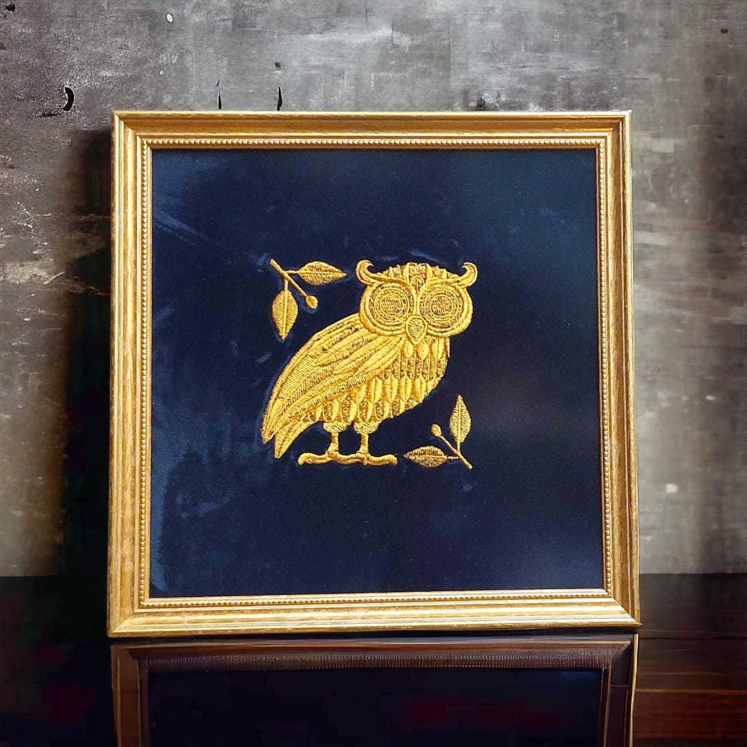 Athena's Owl Gold Embroidery: Greek Velvet Art in Ornate Frame - Etsy