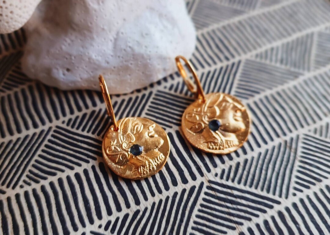 Athena Gold Vermeil Antique Coin Earrings With Sapphires - Etsy