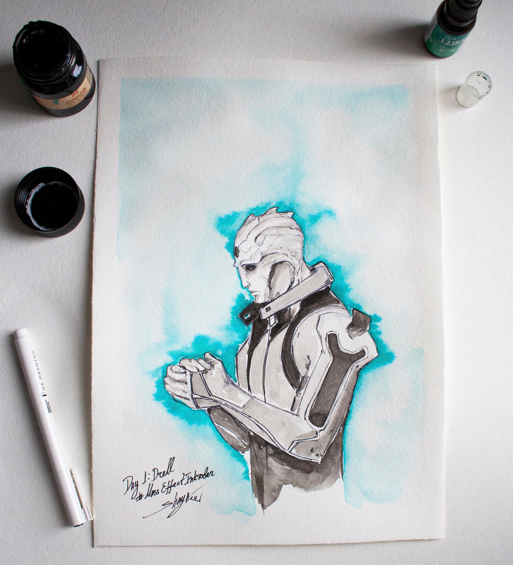 ORIGINAL Mass Effect InkTober Fan Art Drell / Thane/ Hanar | Etsy