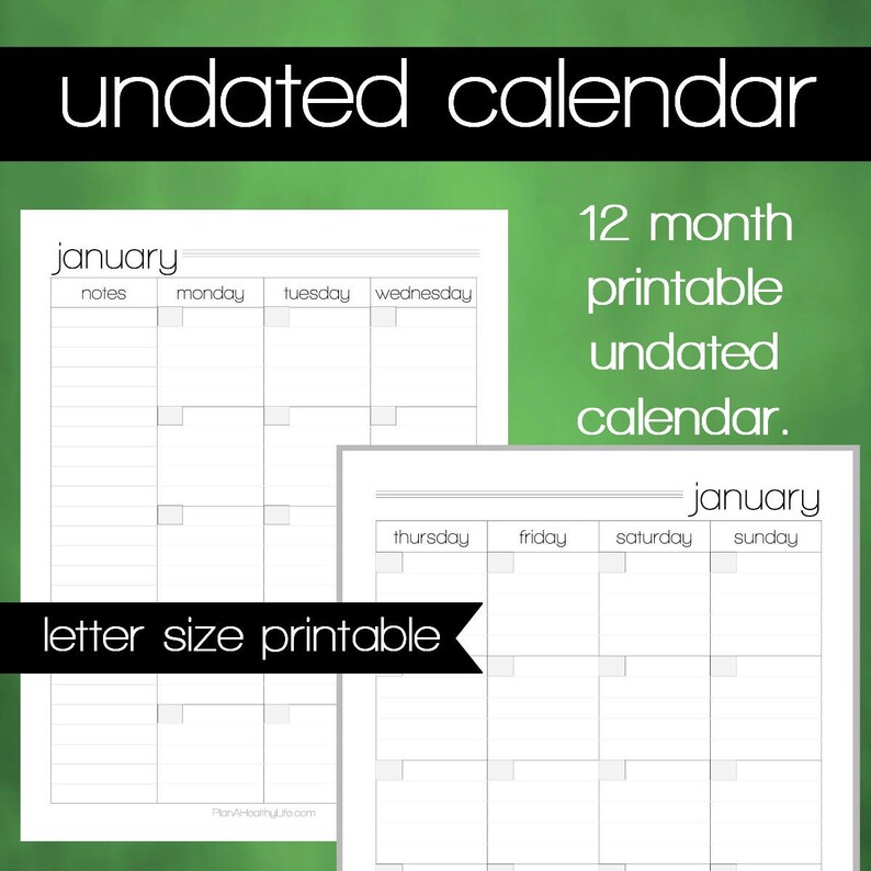 Printable Monthly Undated Calendar 8 5x11 Letter Size PDF Etsy