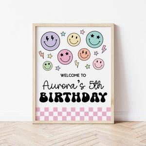 Smiley Face Birthday Party Sign, Pink Smiley Face Welcome Sign, Pastel ...