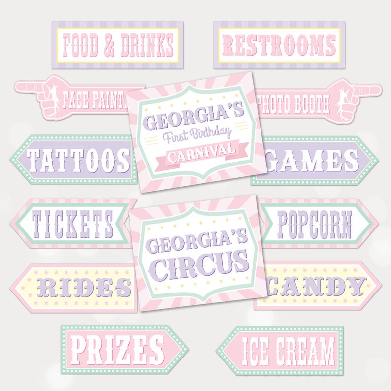 Pastel Carnival Directional Signs, Circus Birthday Signs Canva Template ...
