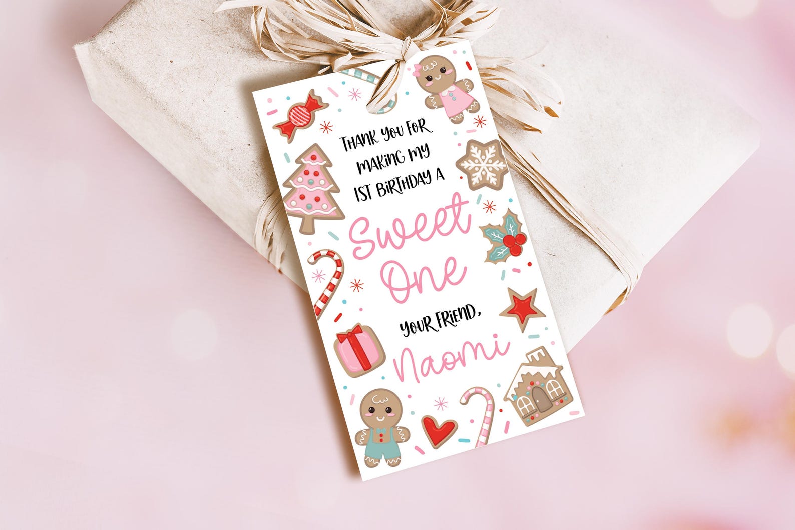 Editable Christmas Cookie Birthday Party Favor Tags in Pink Gingerbread ...