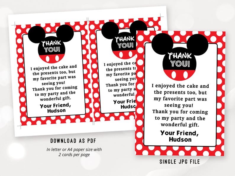 Mickey Mouse Thank You Card INSTANT DOWNLOAD - Printable Mickey Thank ...