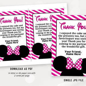 Hot Pink Minnie Mouse Thank You Card INSTANT DOWNLOAD - Printable Hot ...