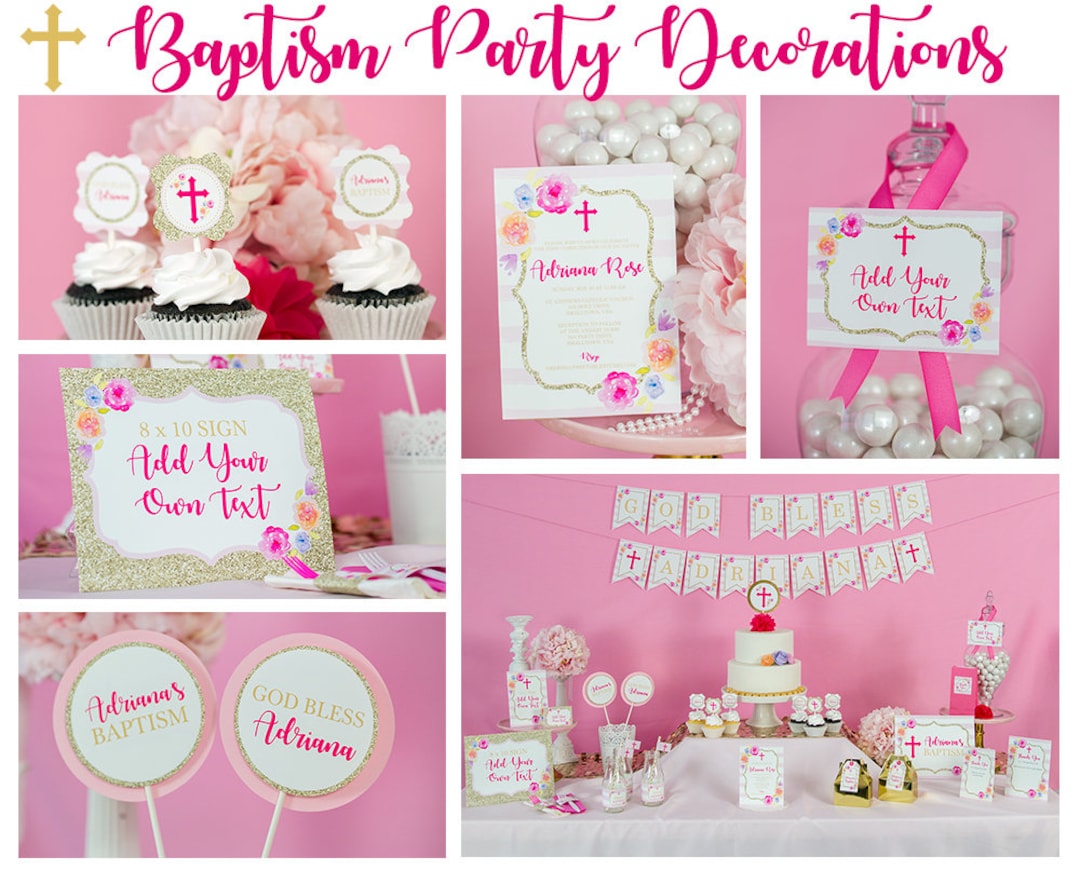 Baptism Party Decorations Set Pink Gold and Floral Instant Download ...