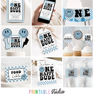 Editable ONE Happy Dude Party Decorations in Blue Round Eyes Happy Dude ...
