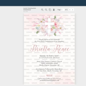 Pink First Holy Communion Invitation Template, Pink Watercolor ...
