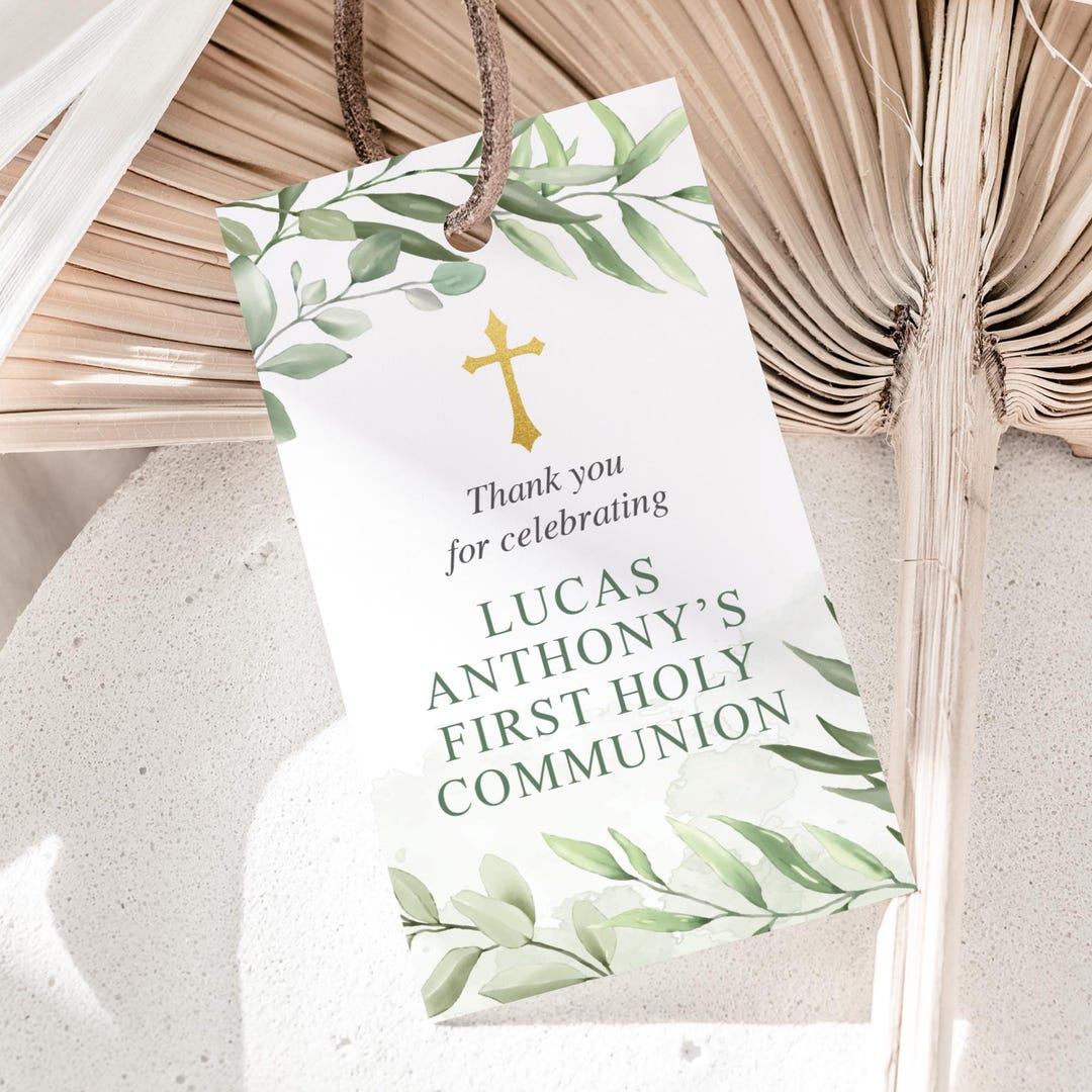 Editable First Communion Favor Tags, Green Eucalyptus Favors (digital ...