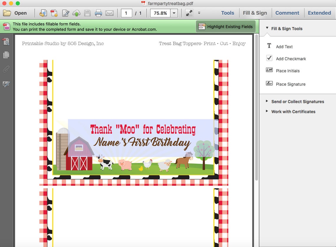 Farm Favor Bag Topper Printable Farm Party Goodie Bag | Etsy